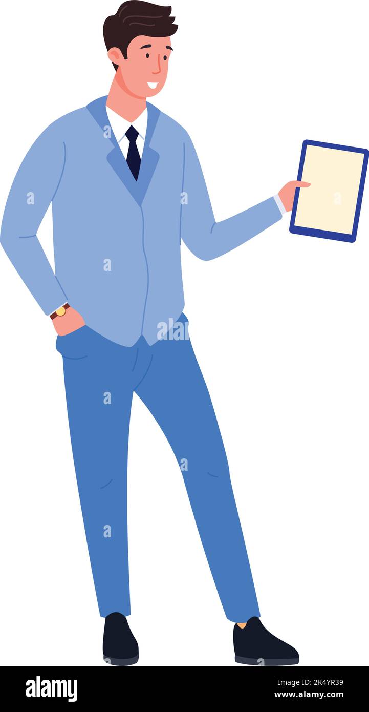 Young man in suit holding paper document isolated on white background ...