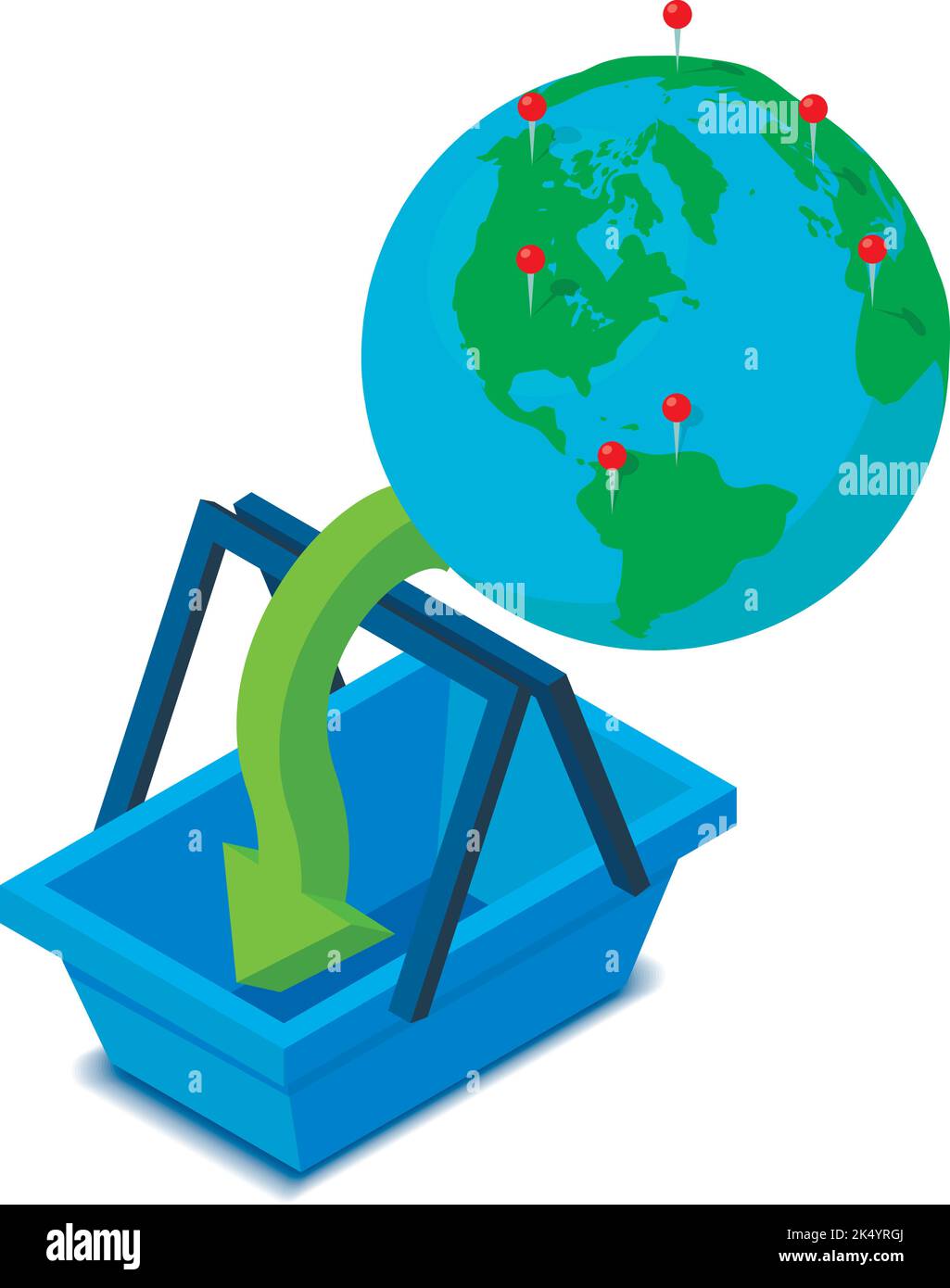 Global consumerism icon isometric vector. Globe, shopping basket, green ...