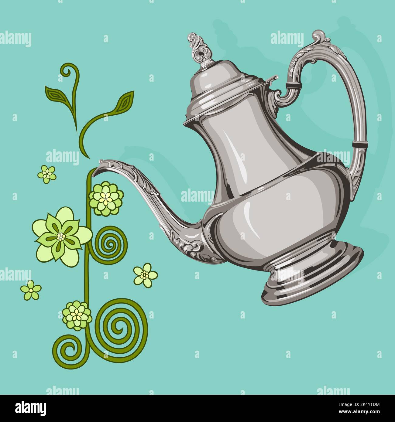 A vector silver vintage teapot pouring a floral design Stock Vector ...