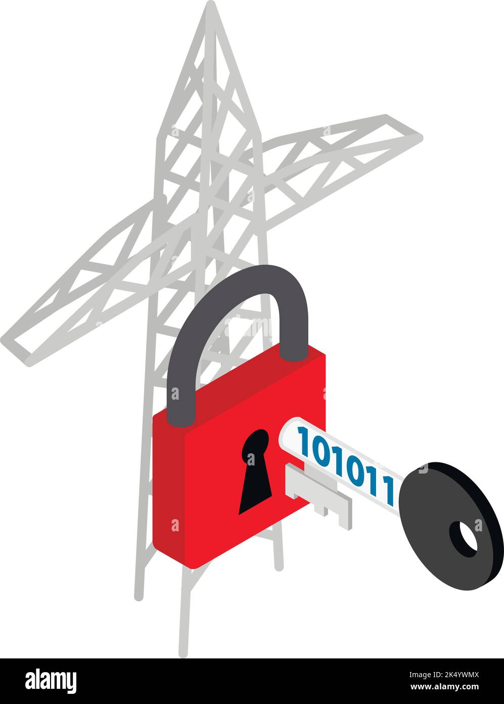 Energy security icon isometric vector. Key with binary code and power line pylon. Industry ...