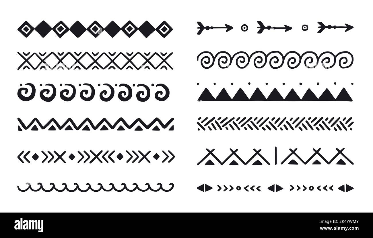 Hand drawn folk motif border, ethnic pattern set. Peru, mexican, aztec ...