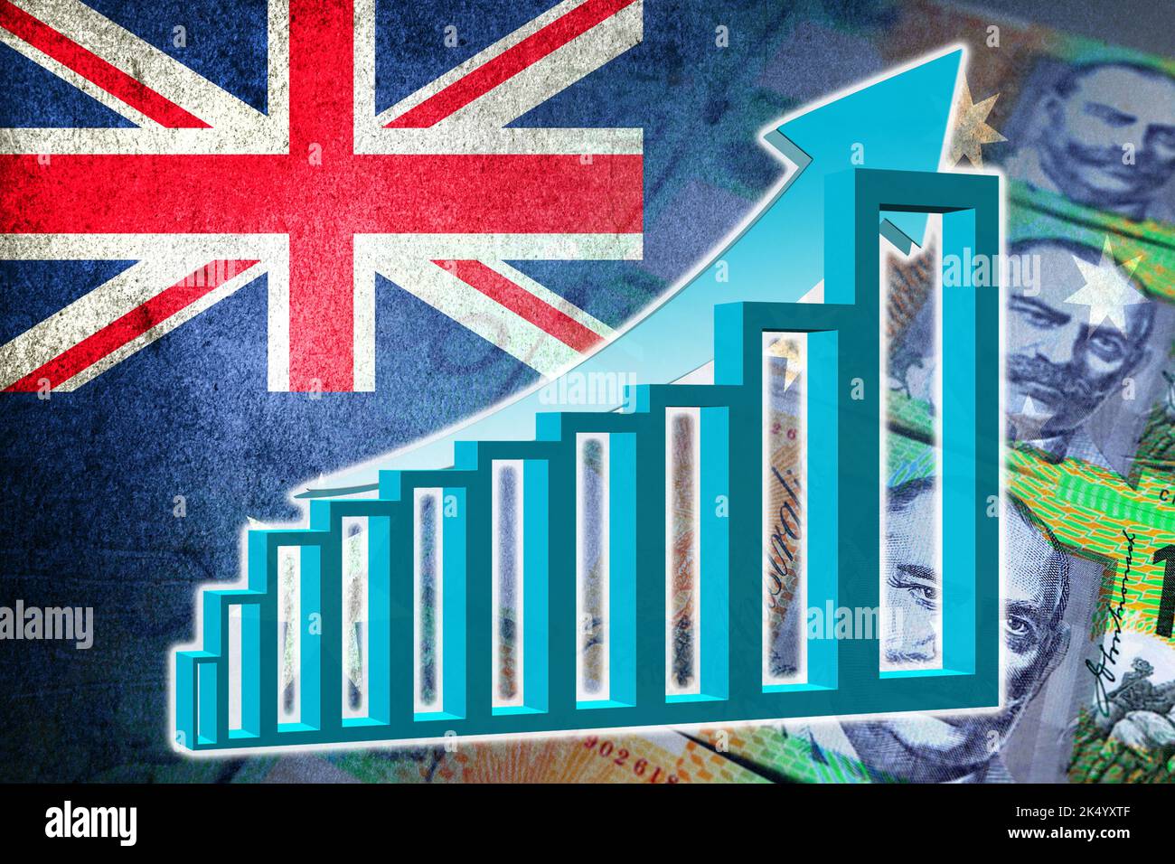 Economy graph: rising arrow, Australia flag and Australian dollar cash ...