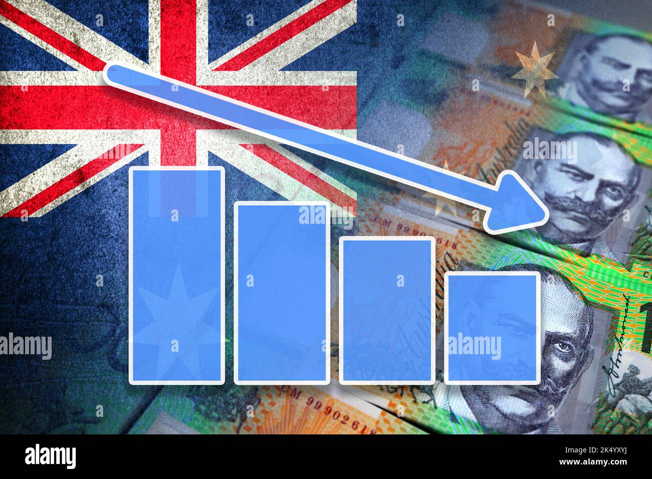 Economy Graph: Downward Arrow, Australia Flag and Australian Dollar ...