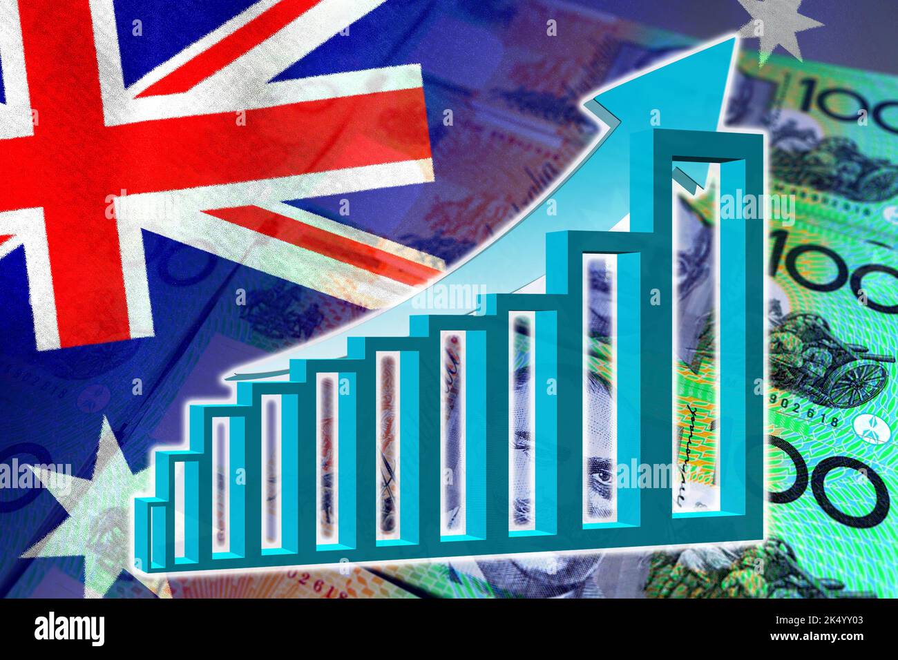 Economy graph: rising arrow, Australia flag and Australian dollar cash ...