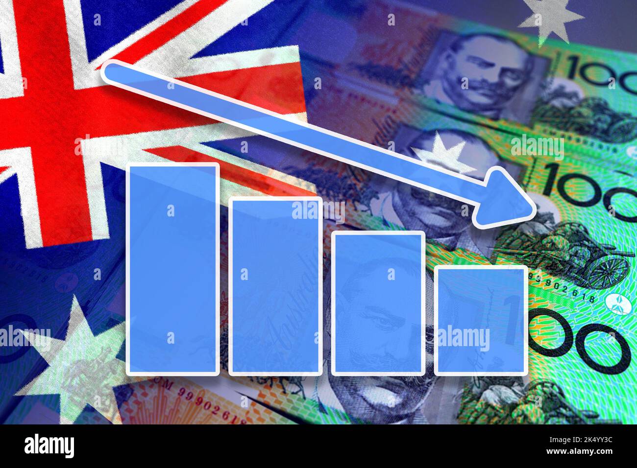 Economy Graph: Downward Arrow, Australia Flag and Australian Dollar ...