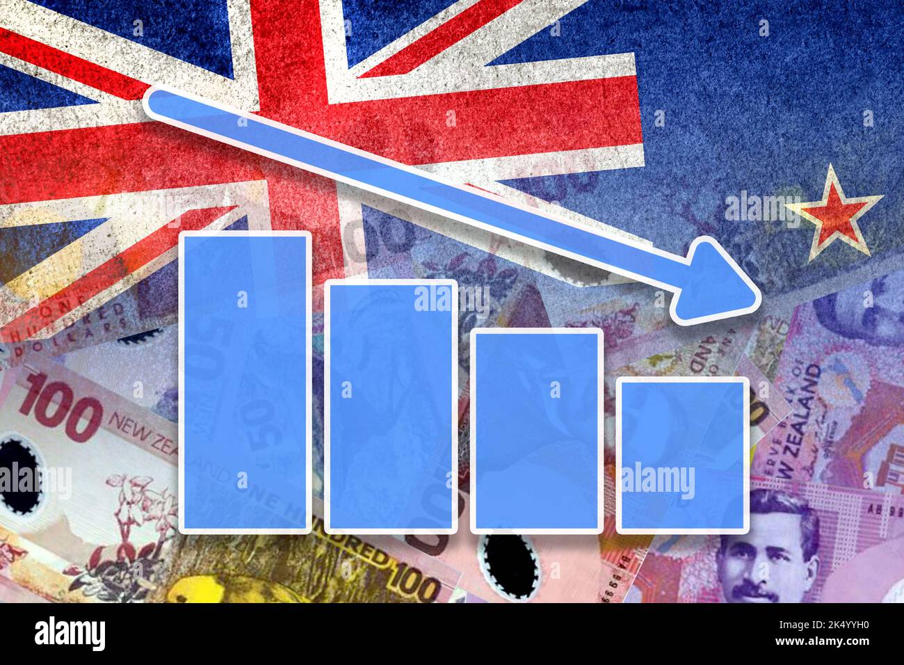 Economy Graph: Downward Arrow, New Zealand Flag and Cash New Zealand ...