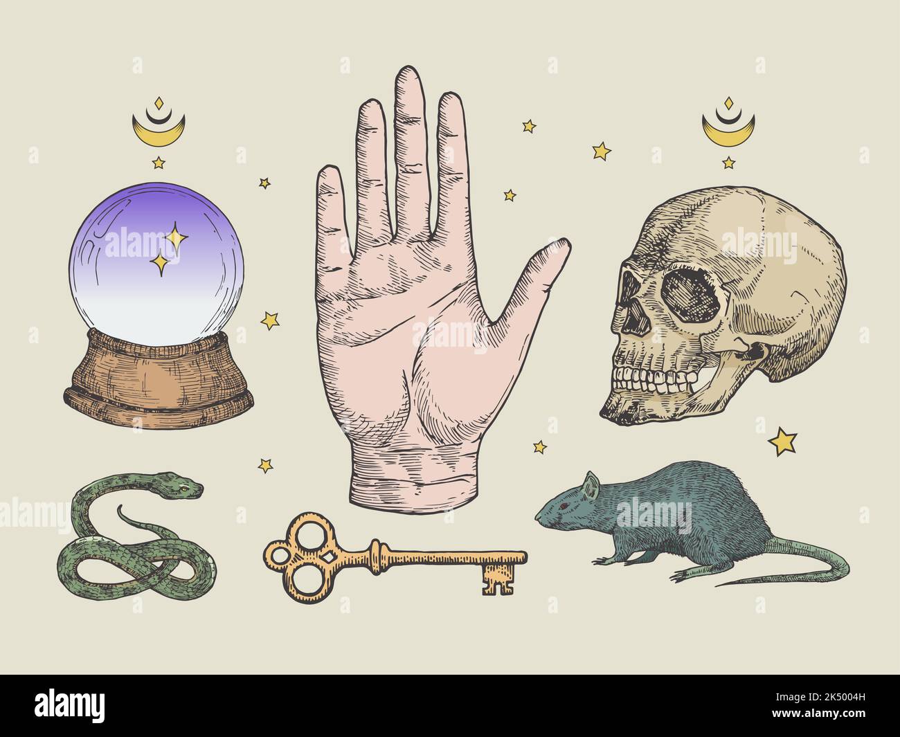 Mystical Magic Engraving Illustrations Set. Hand Drawn tattoo style ...