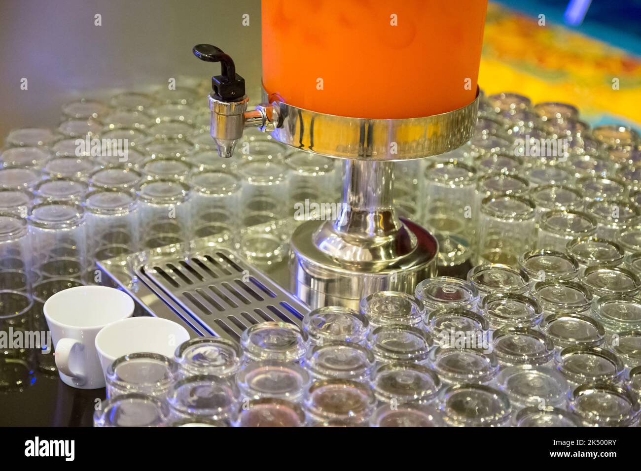 Many glasses with orange juice on buffet table food background Stock ...