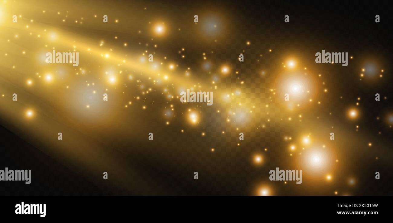 Set glow light effect with white sparks and golden stars shine with ...