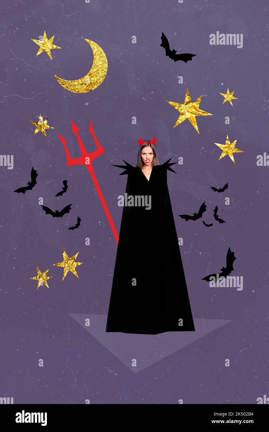 Creative poster collage of stunning young woman black cloak devil demon ...