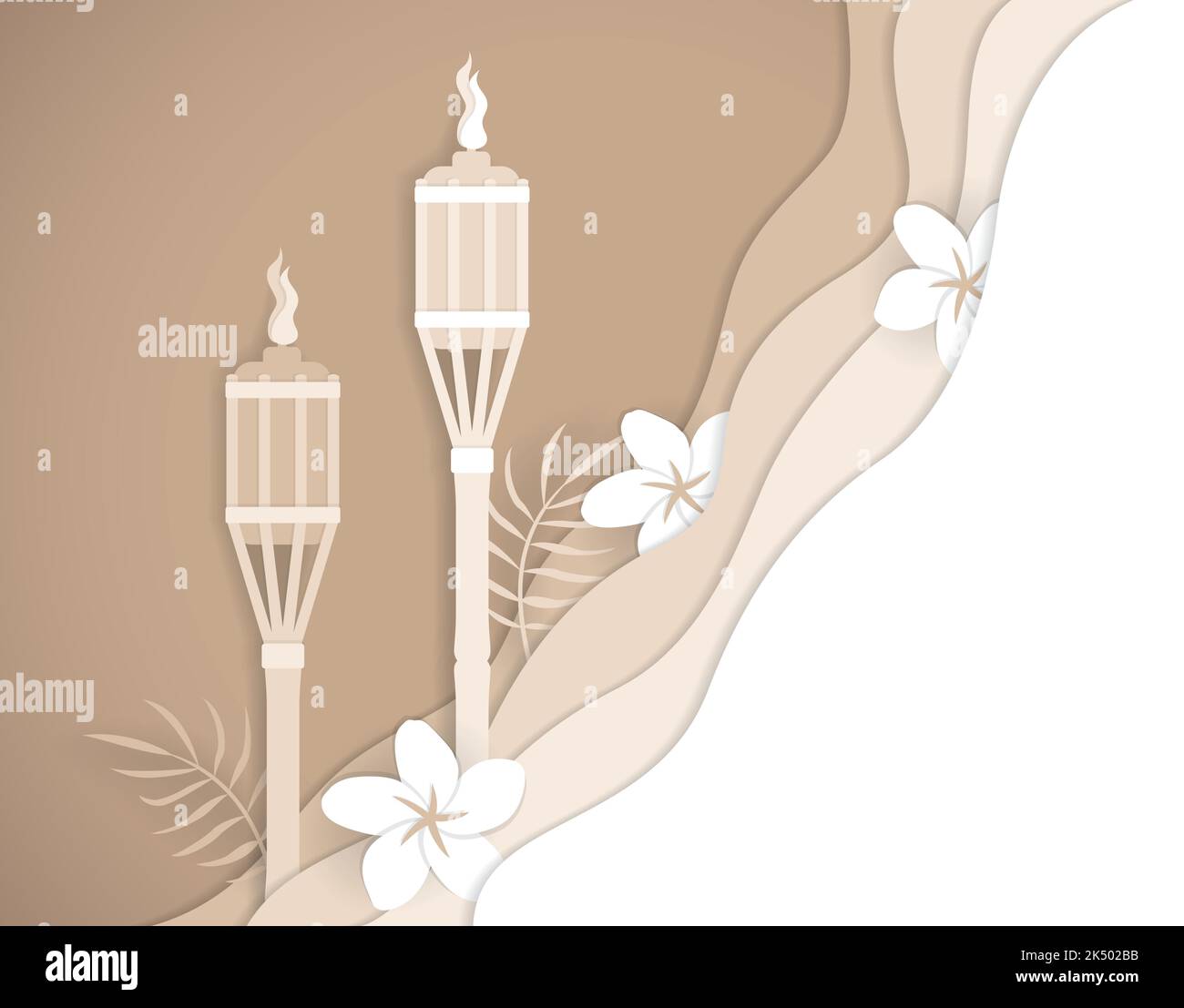 A pair of bamboo tiki torches with plumeria flowers and palm fronds, in ...