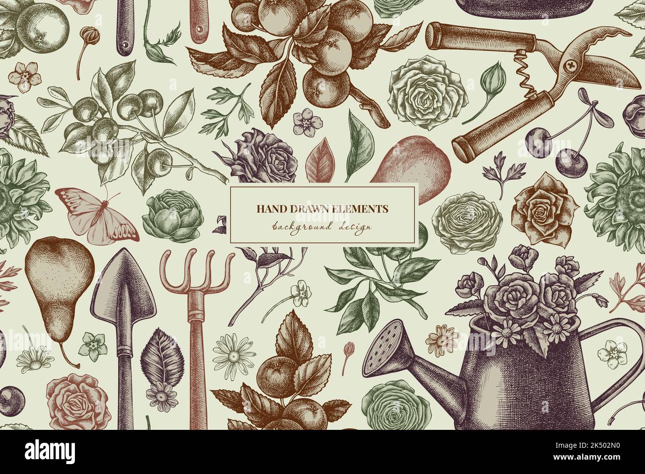 Gardening seamless pattern background design. Engraved style. Hand ...