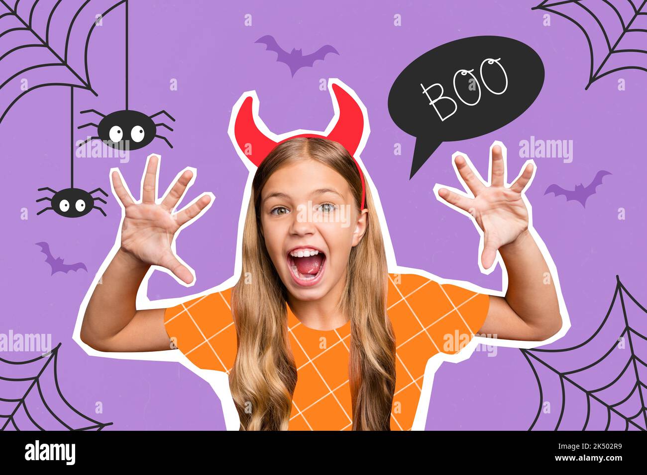 Creative poster collage of funny funky young small girl kid fake red ...