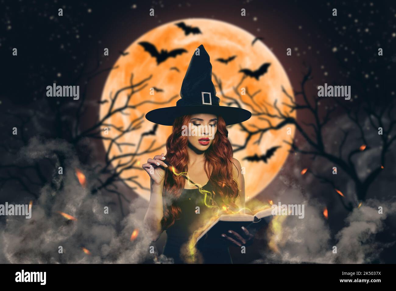 Collage portrait of mysterious conjurer girl hold magic wand read hex ...