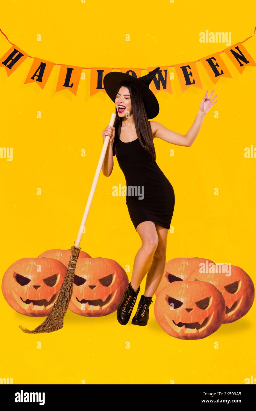 Vertical collage image of excited positive girl witch hand hold broom ...