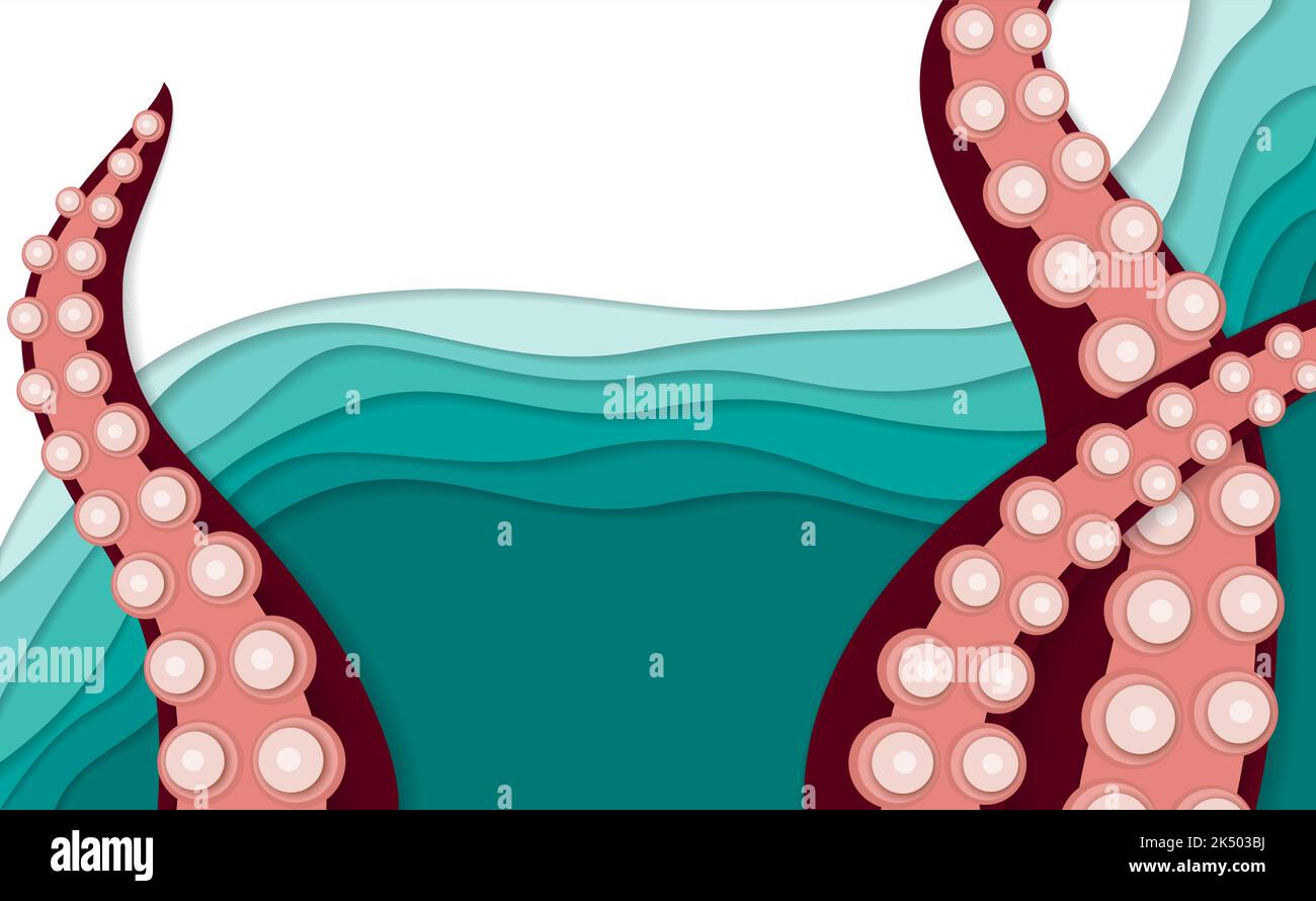 Octopus tentacles reaching up out of the aqua water, paper layer art ...