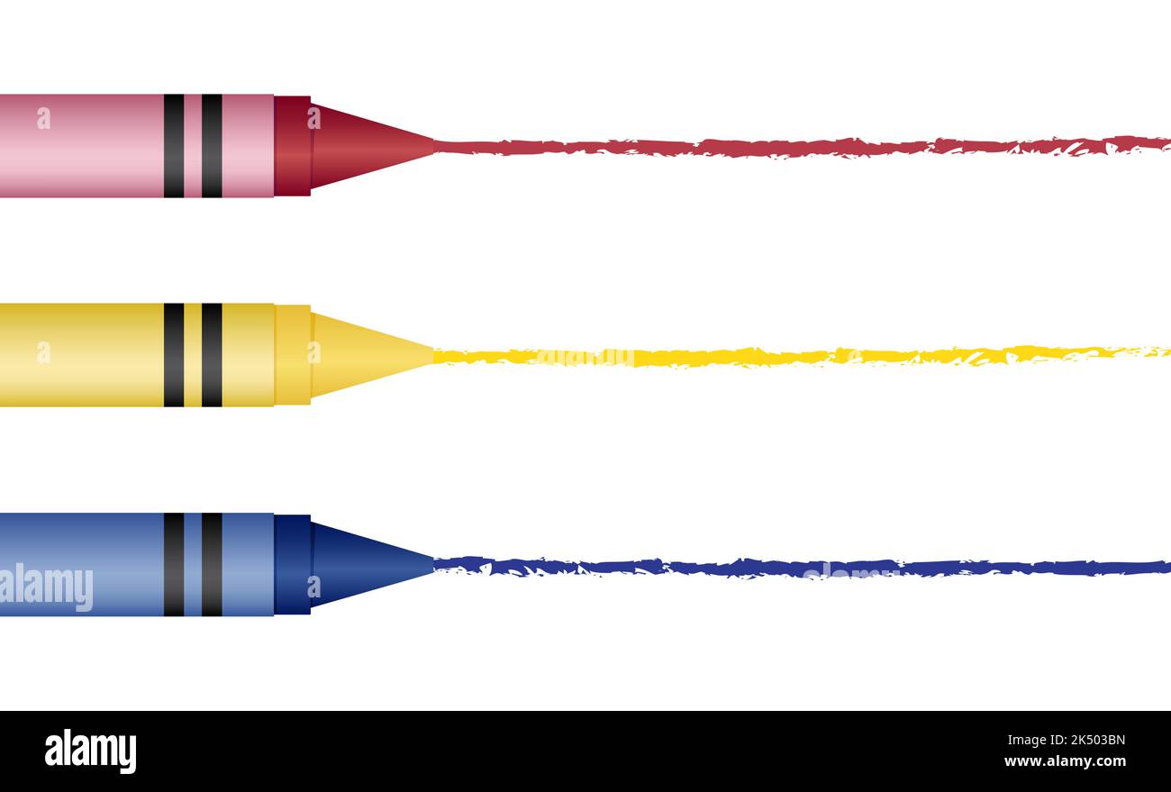 A set of three crayons, red, yellow, and blue, drawing horizontal lines ...