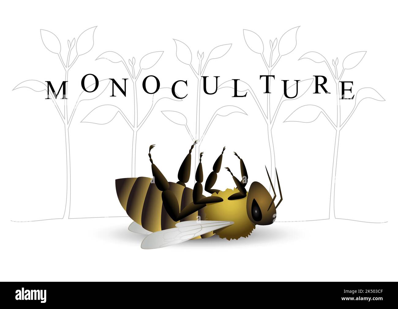 An environmental concept, monoculture killed the bee. Line art plants ...