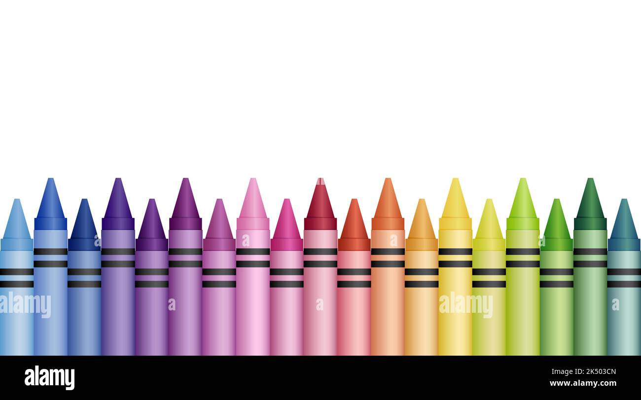 A colorful rainbow gradient of crayons lined up in a staggered row ...