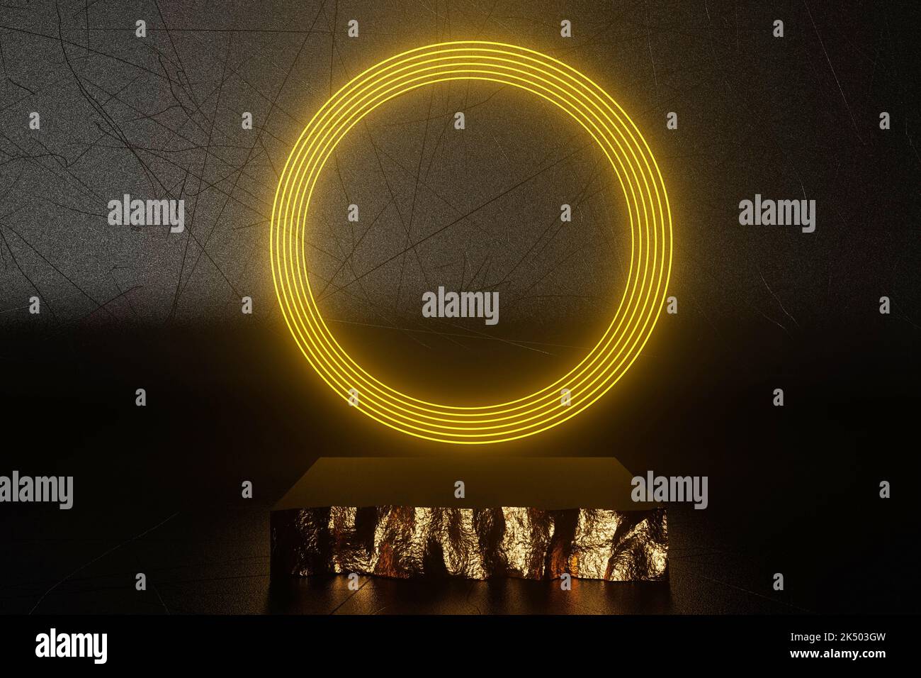 Gold podium with neon yellow light circles 3d render Stock Photo - Alamy