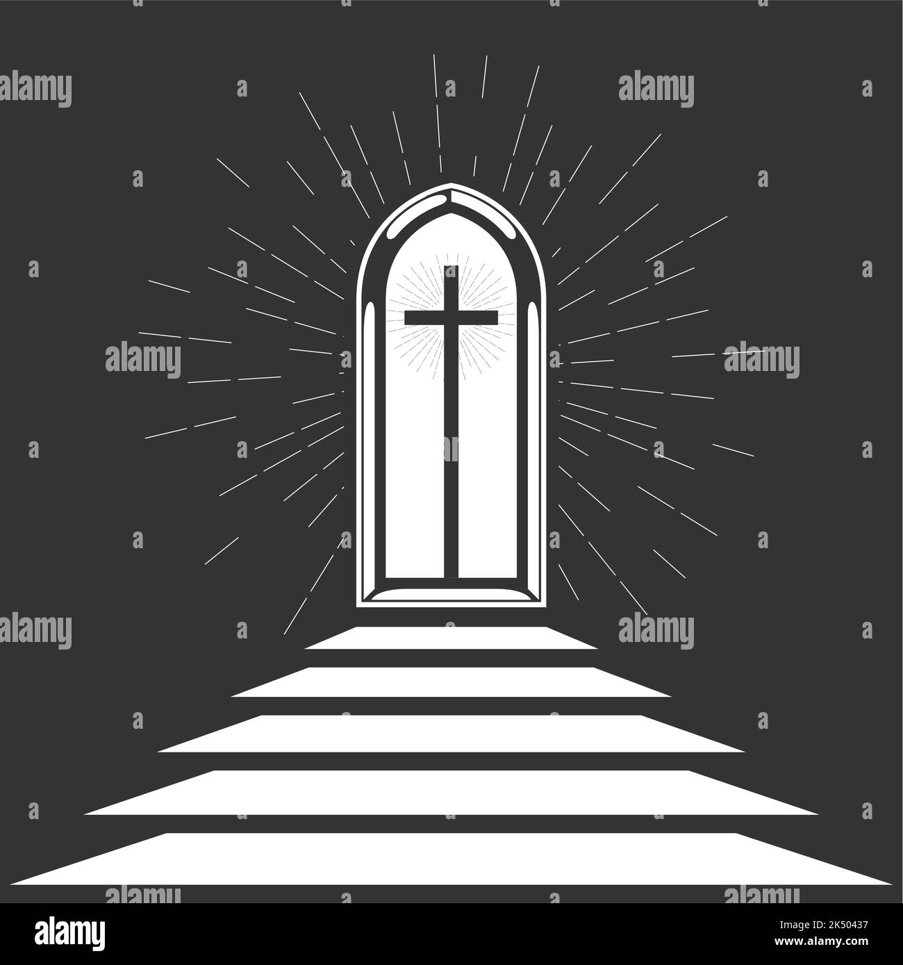 Church chancel, way to God, window with crucifix and holy light, divine worship, vector Stock ...