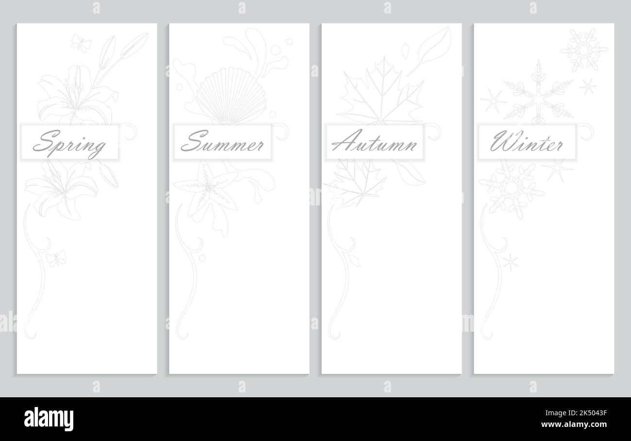A set of four vertical seasons banner designs with line art style on ...