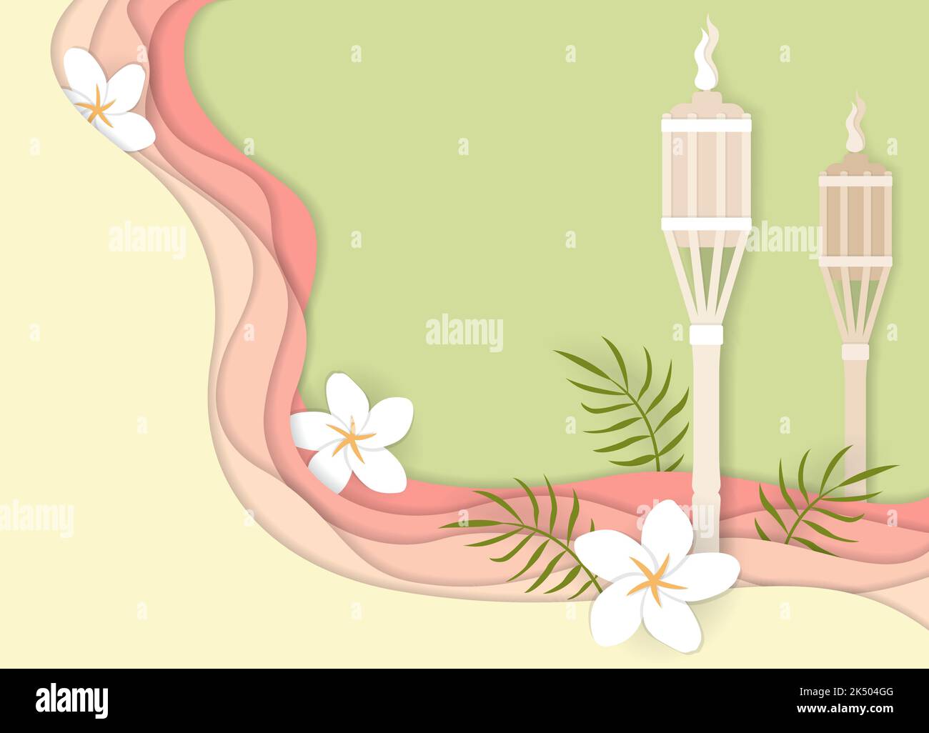 A pair of bamboo tiki torches with plumeria flowers and palm fronds, in ...