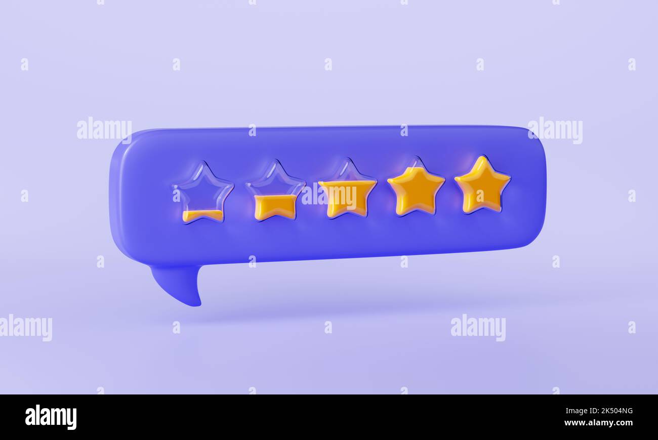 3d render customer feedback stars in speech bubble. Rating, client review, comment or rate ...