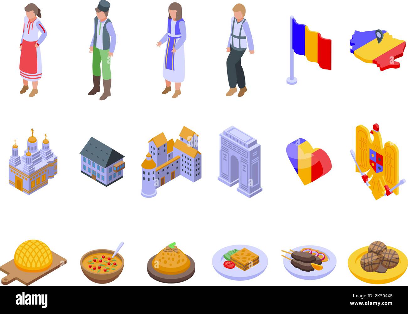 Romania icons set isometric vector. Bucharest food. Map castle Stock ...