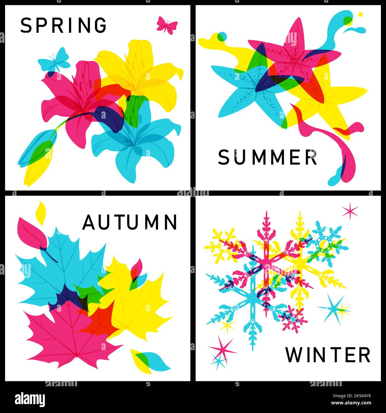 Four seasons grid in offset print style on white Stock Vector Image ...