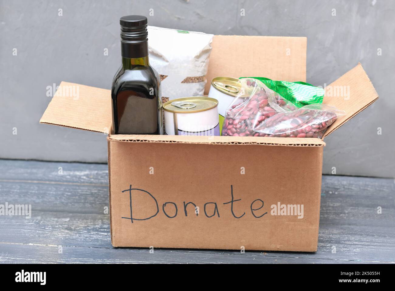 Foodstuff for donation. Various food, pasta, cooking oil and canned ...