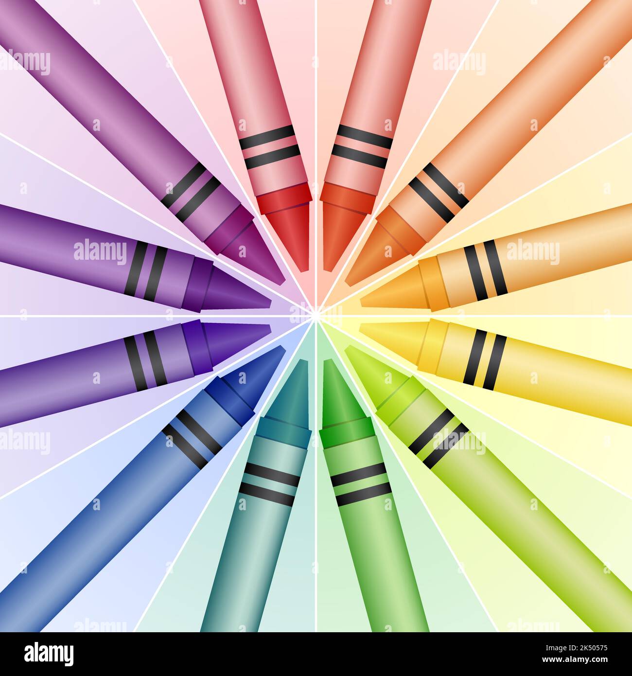 A radial crayon color wheel on a rainbow background Stock Vector Image ...
