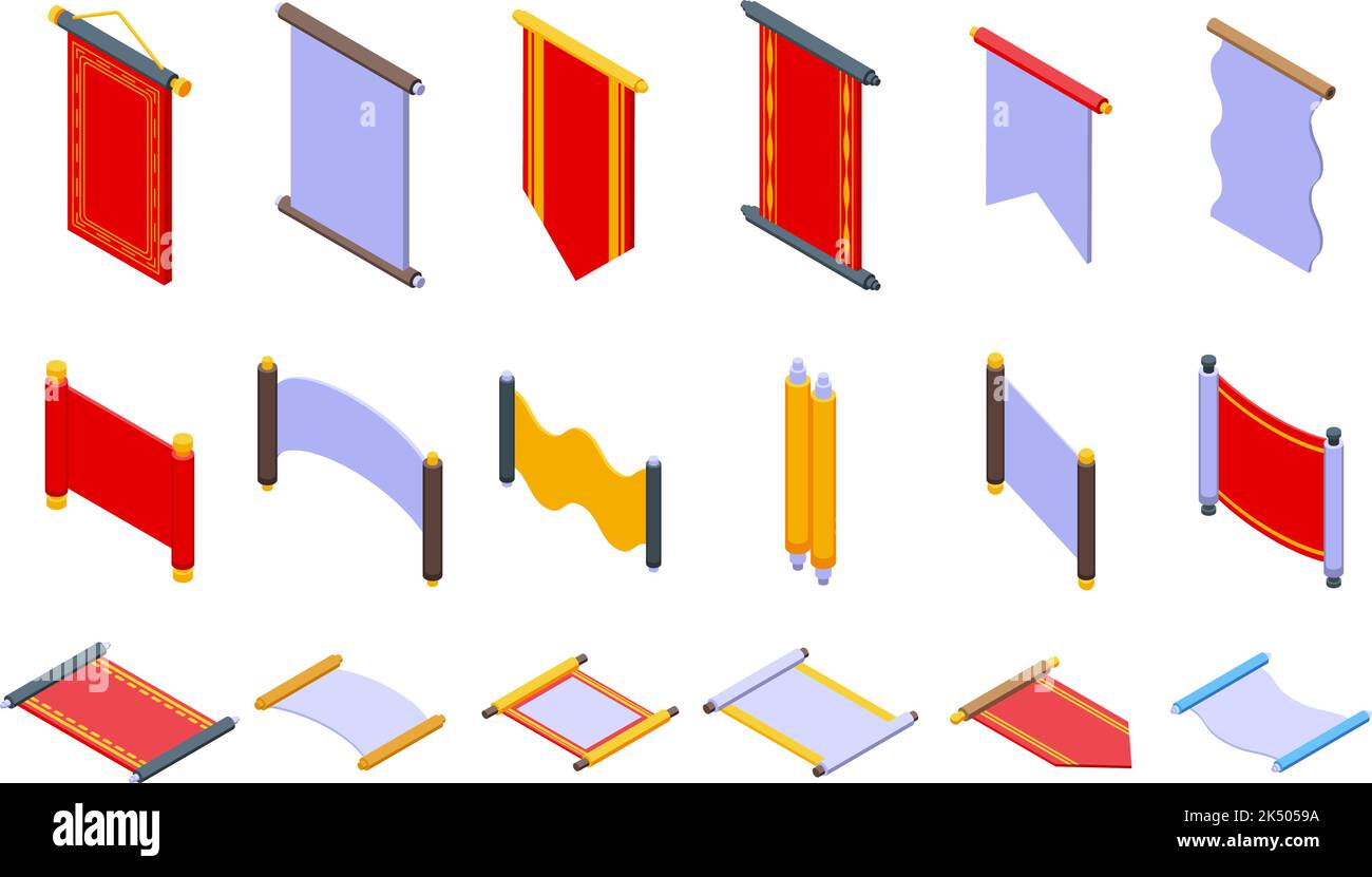 Chinese festive scroll icons set isometric vector. Card china. Japan ... Chinese festive scroll icons set isometric vector. Card china. Japan ...