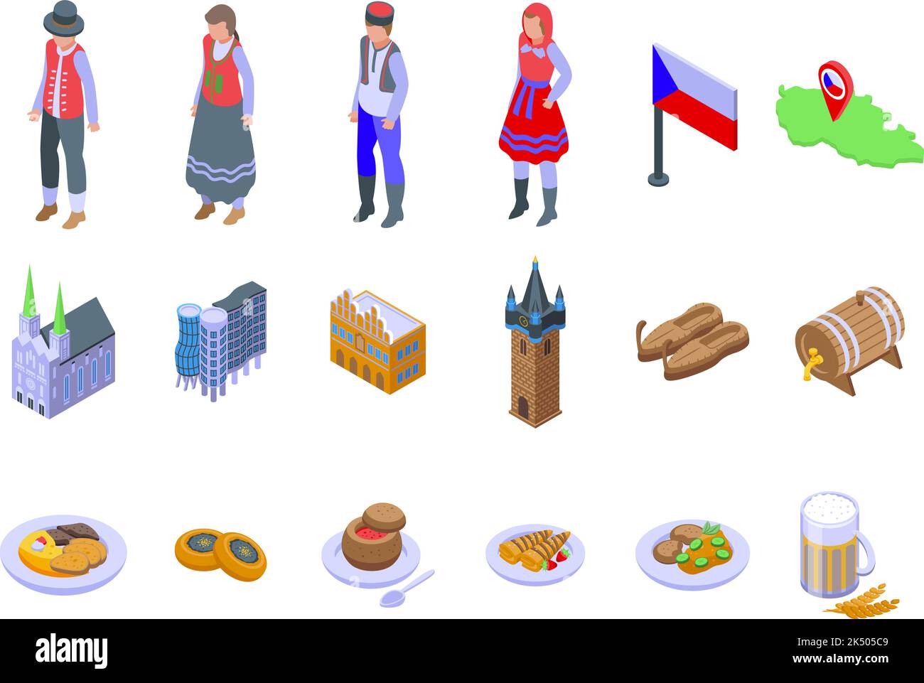 Czech Republic icons set isometric vector. Prague skyline. Brno castle ...