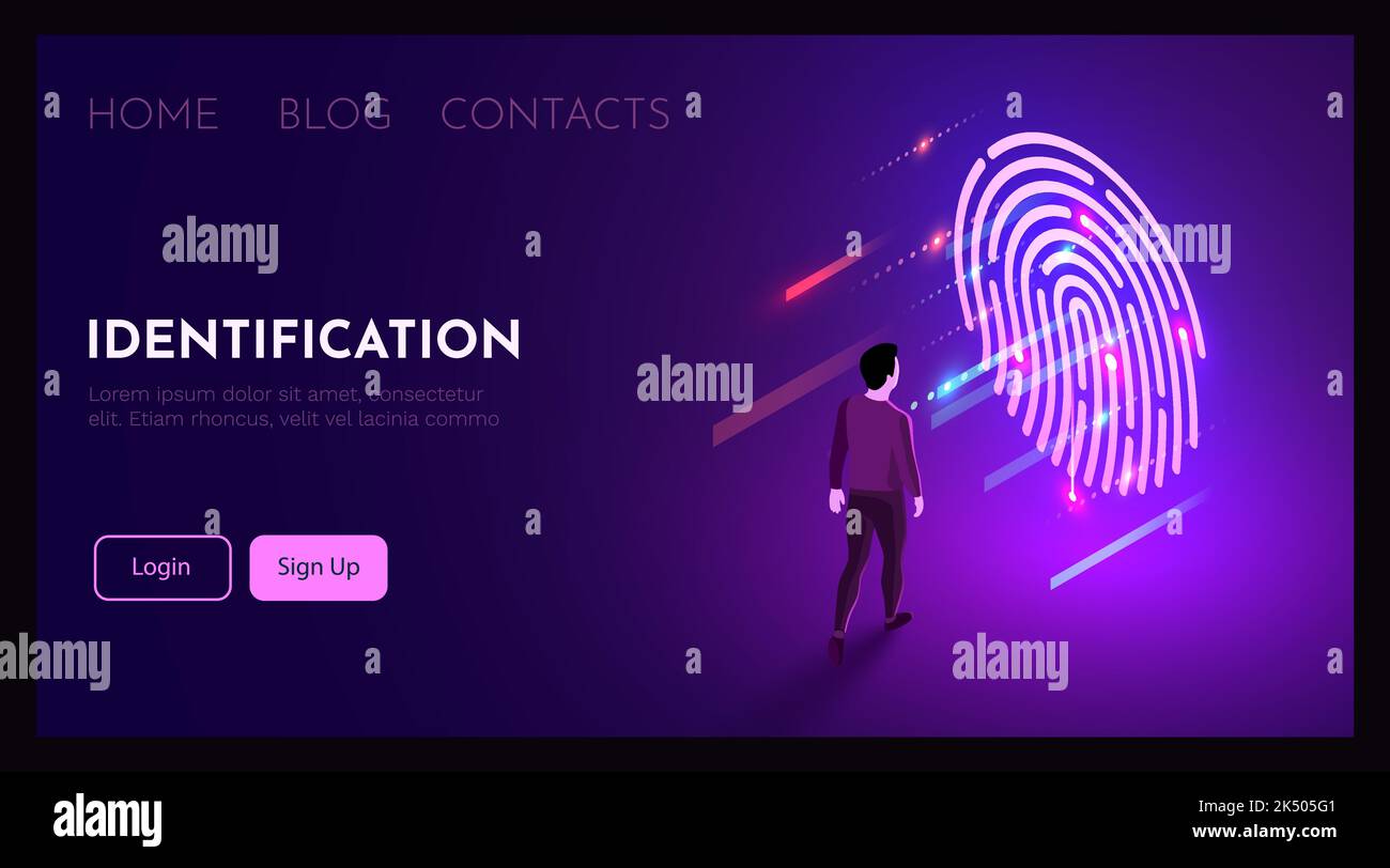 Man stands in front of finger print symbol. Biometric identification ...