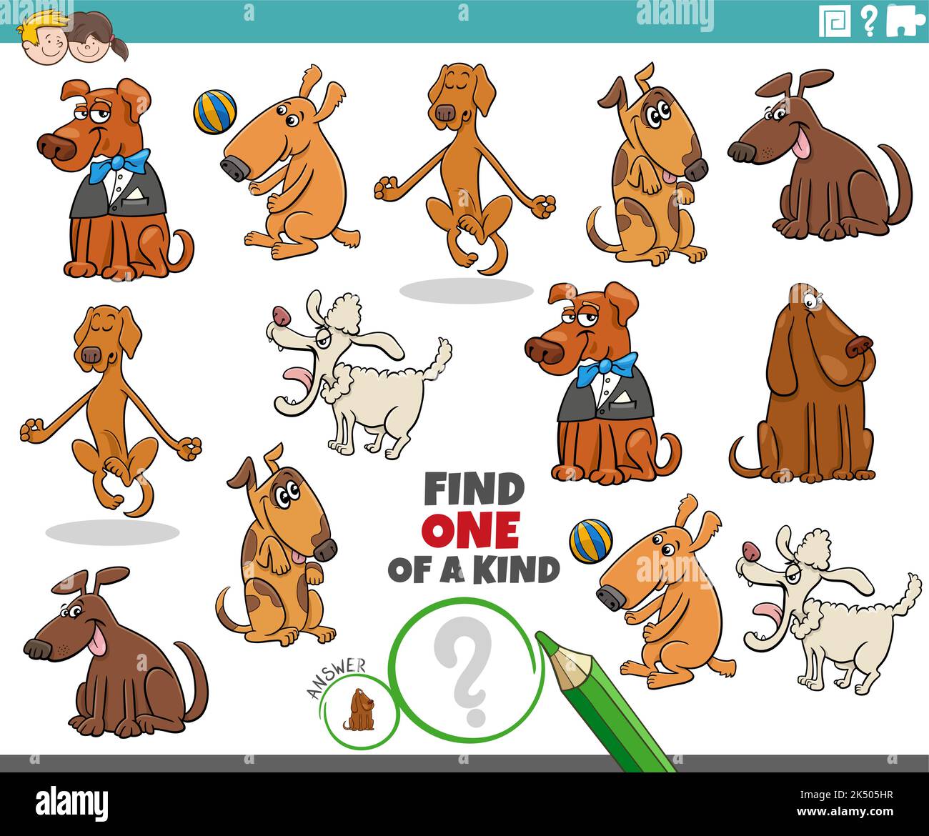 Cartoon illustration of find one of a kind picture educational task ...