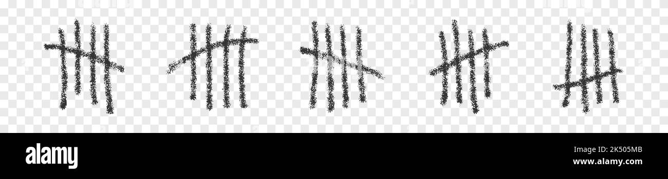 Hand drawn charcoal tally marks on transparent background. Four sticks ...