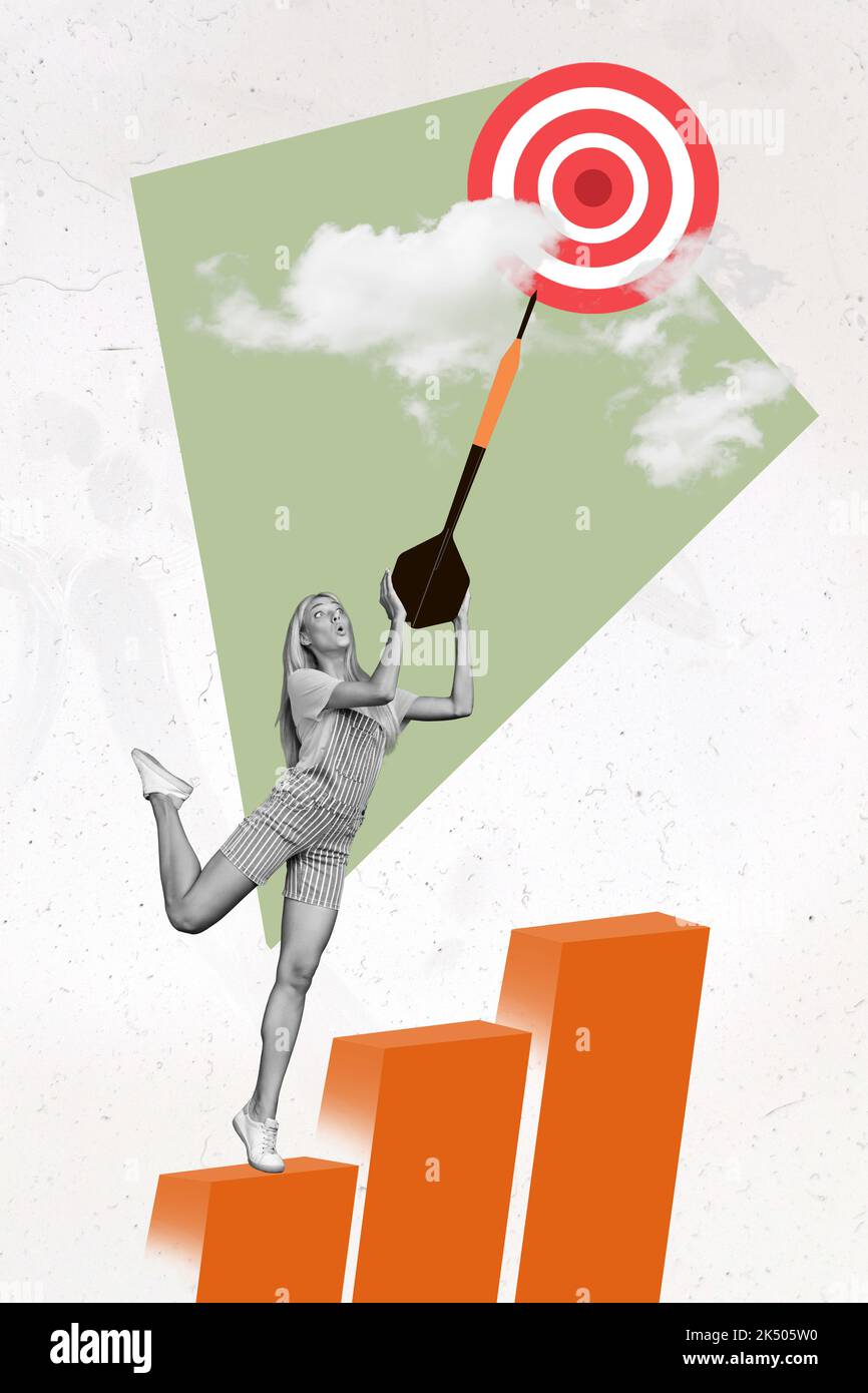 Vertical banner collage of lady play darts black and white filter ...