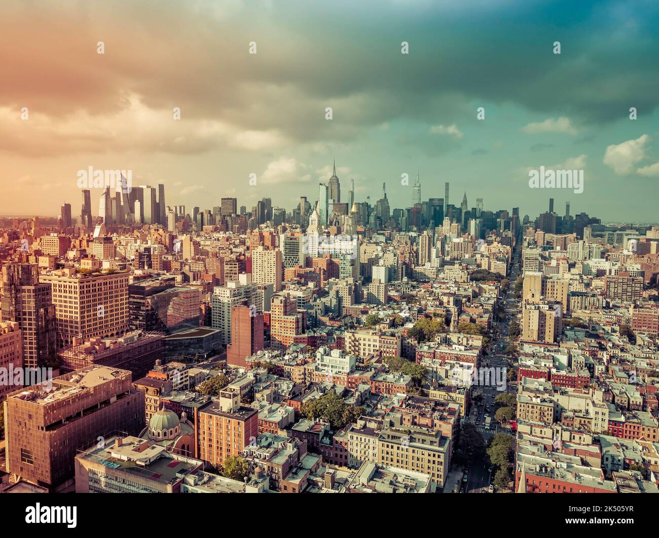 New York City skyline panorama towards Manhattan Midtown. Aerial wide ...