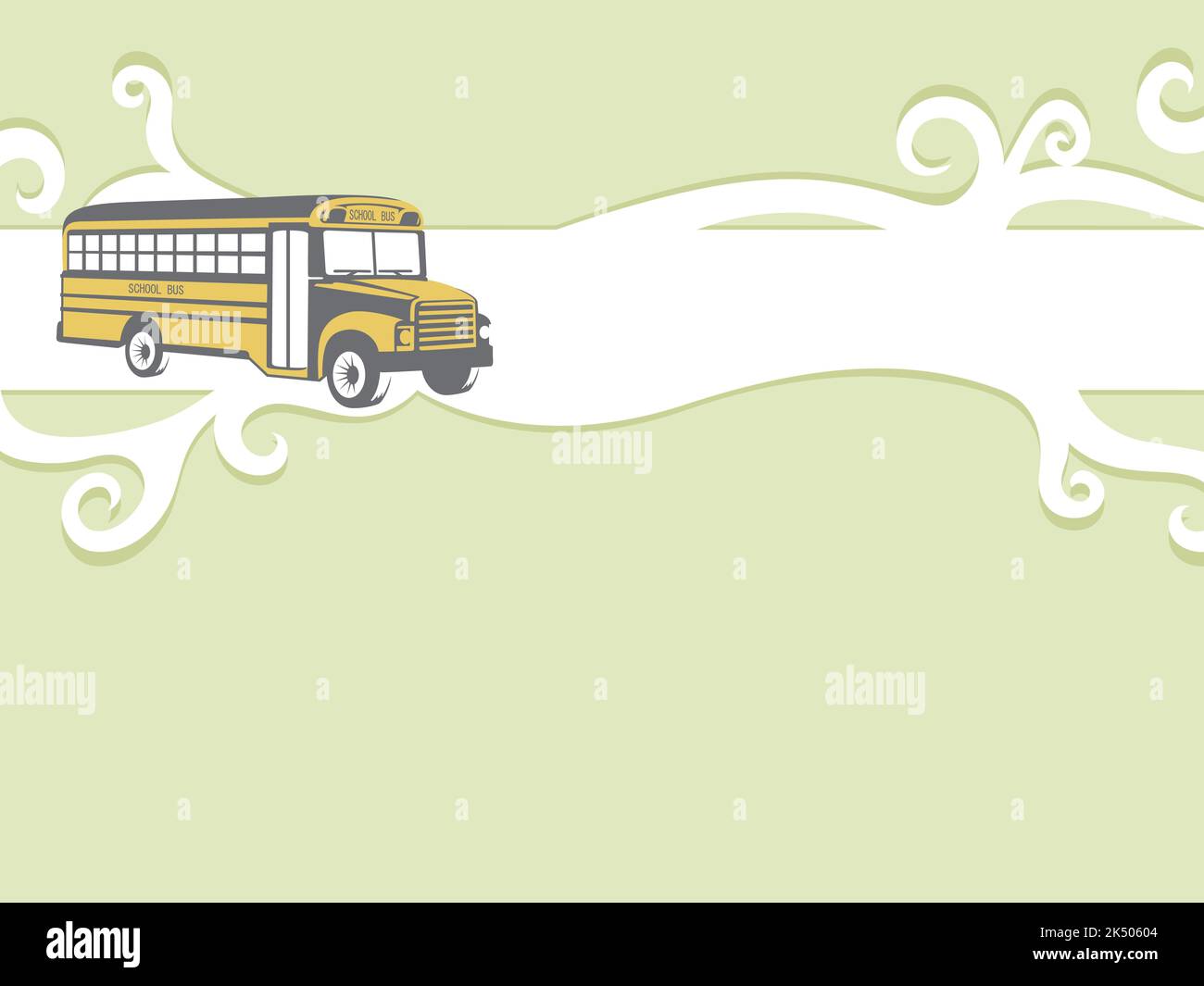 A school bus and white banner style flourish and background Stock ...