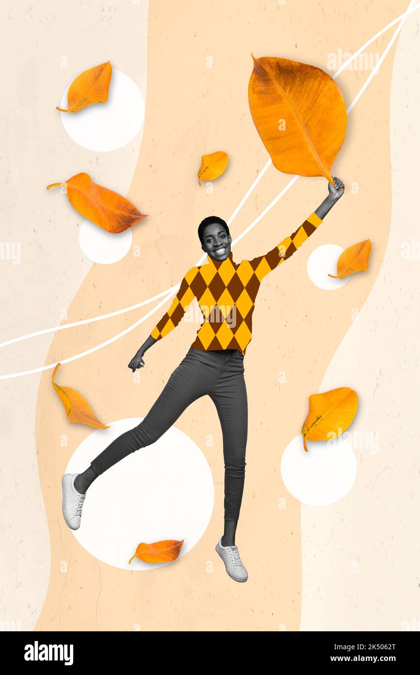 Photo artwork minimal picture of charming cheerful lady flying orange ...