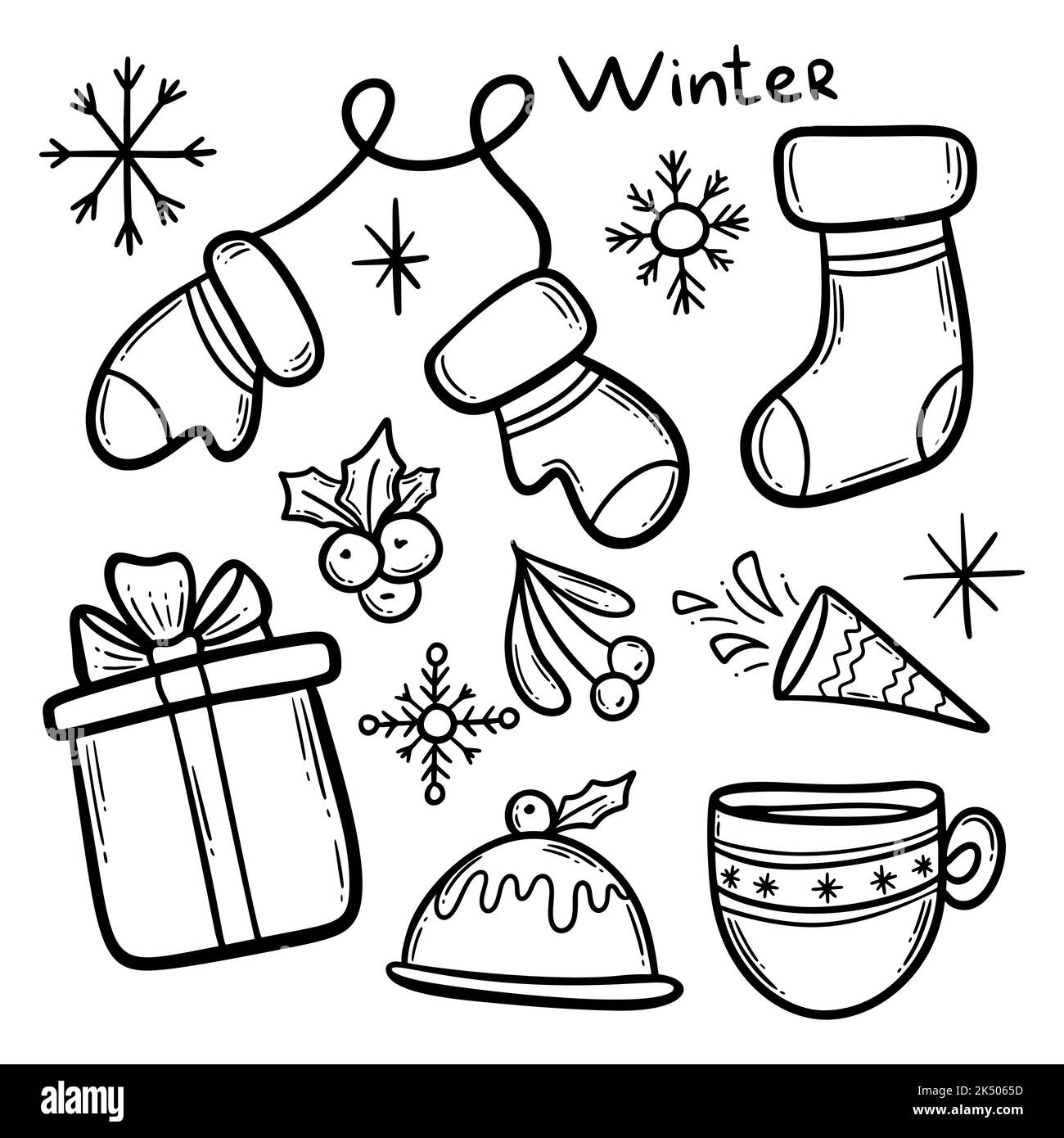 Hand drawn set of winter Christmas doodles. Vector simple new year ...