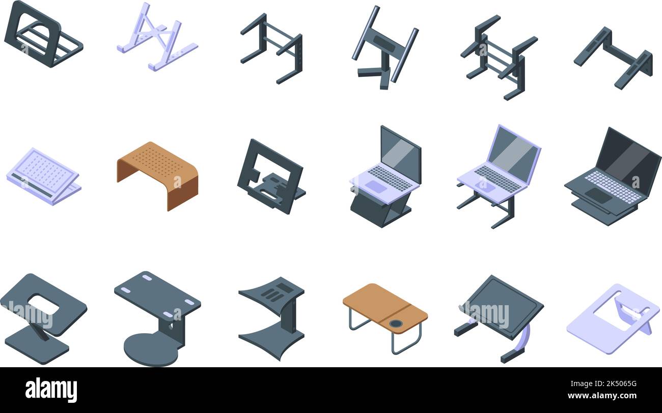 Laptop stand icons set isometric vector. Compute work. Office desk ...