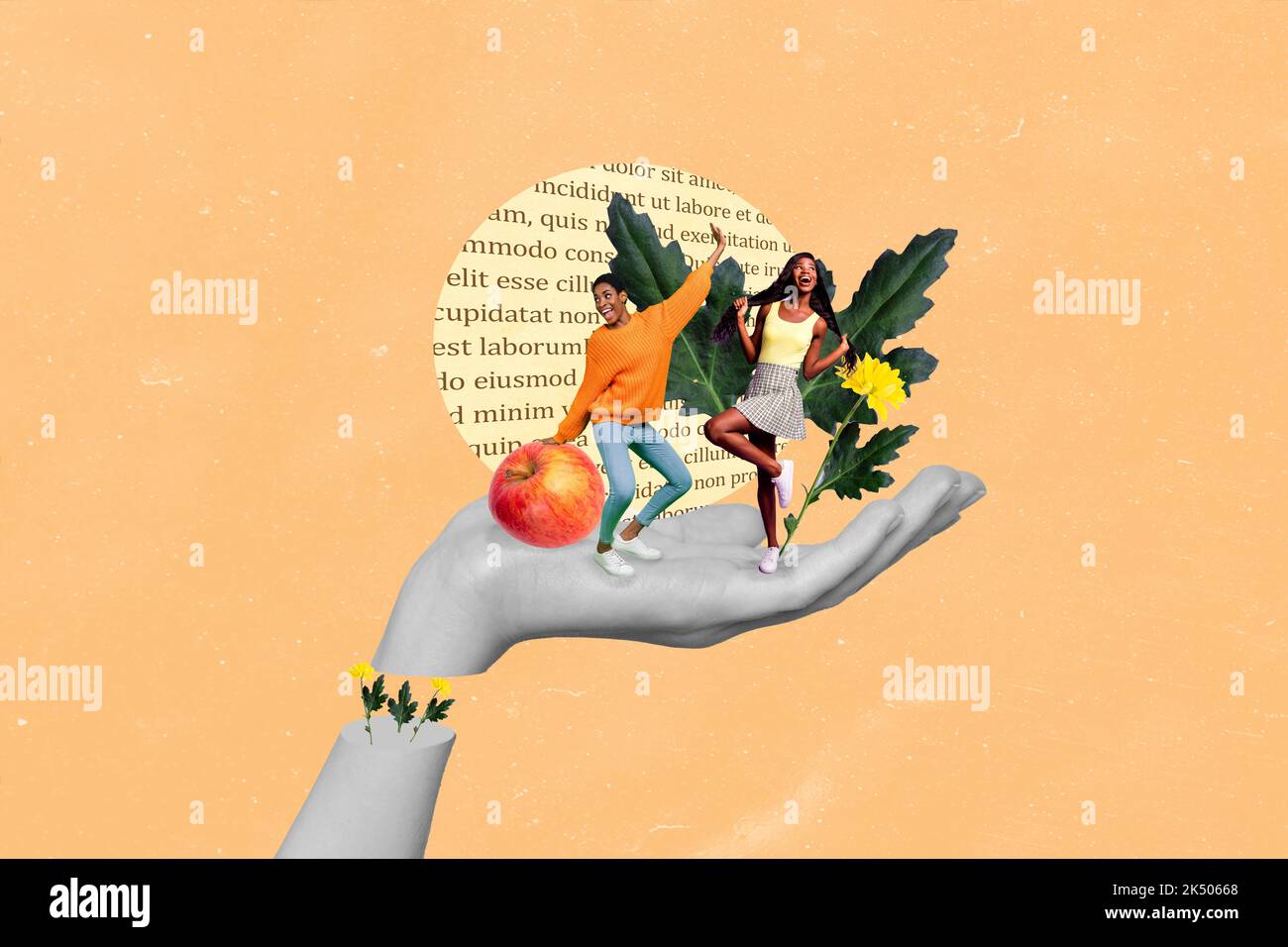 Creative banner collage of human hand holding two little ladies dancing ...