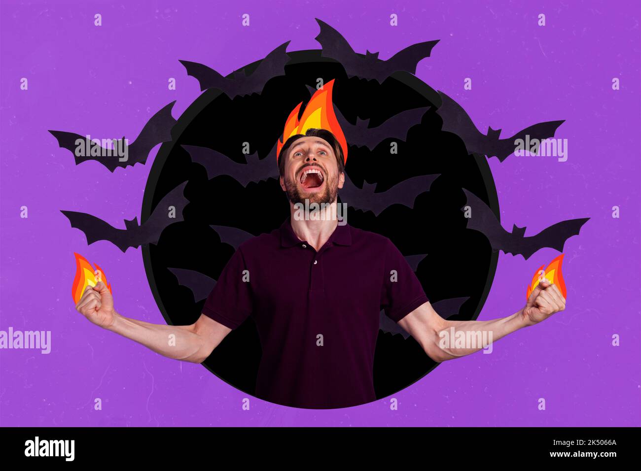 Collage photo of young funny excited angry guy burning halloween ...
