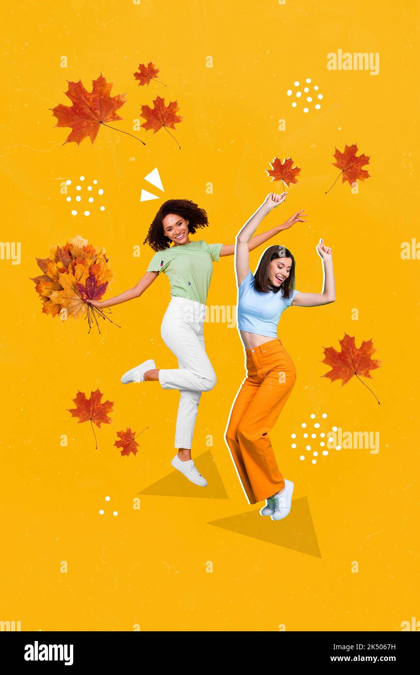 Creative photo 3d collage poster postcard artwork of two happy lady ...