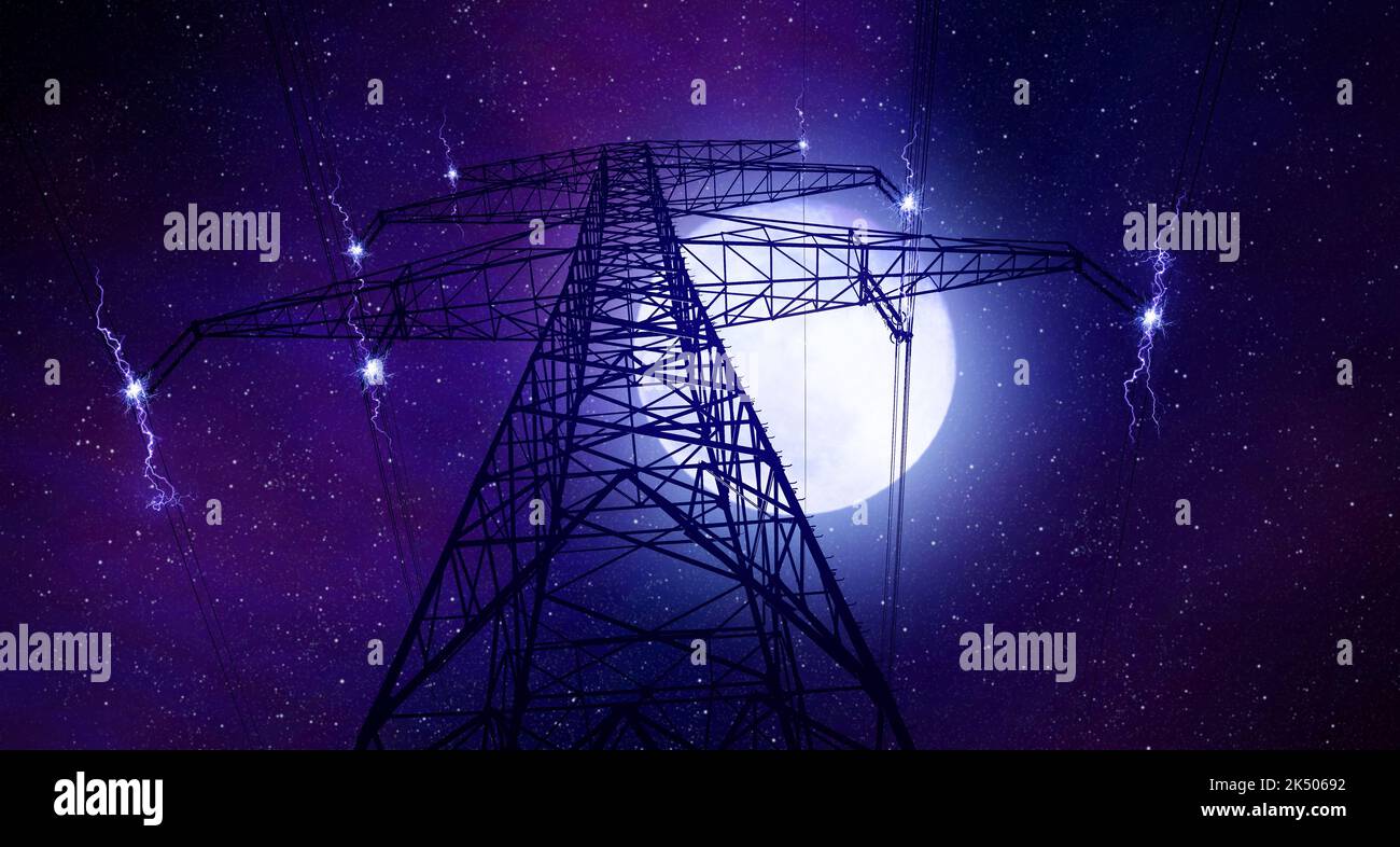Electric pylon. Transmission tower with night sky with full moon at the ...