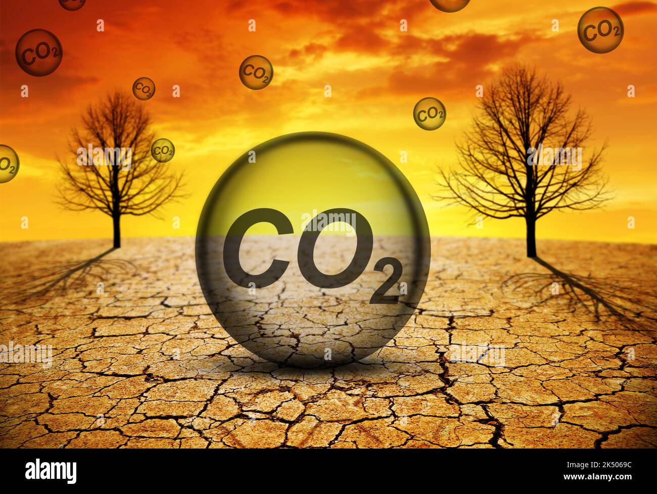 Carbon dioxide escaping from the arid cracked soil. Concept of climate ...