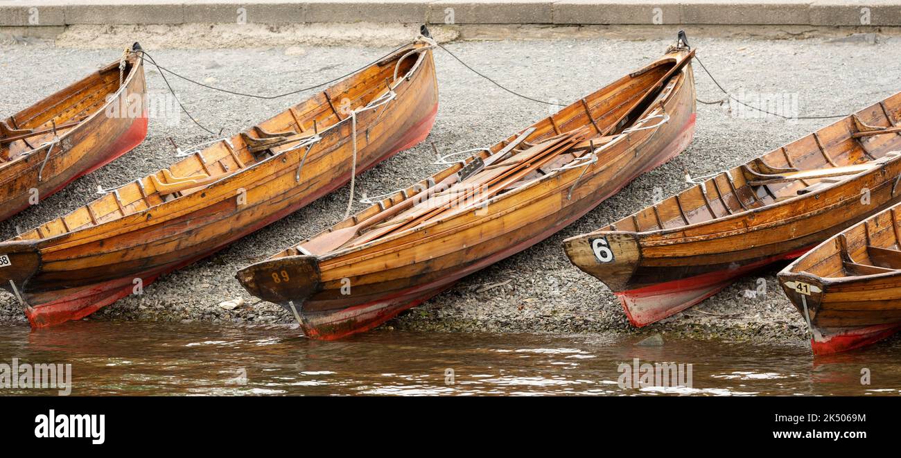 Handcrafted cedar strip canoe's on shore during the summer season Stock ...