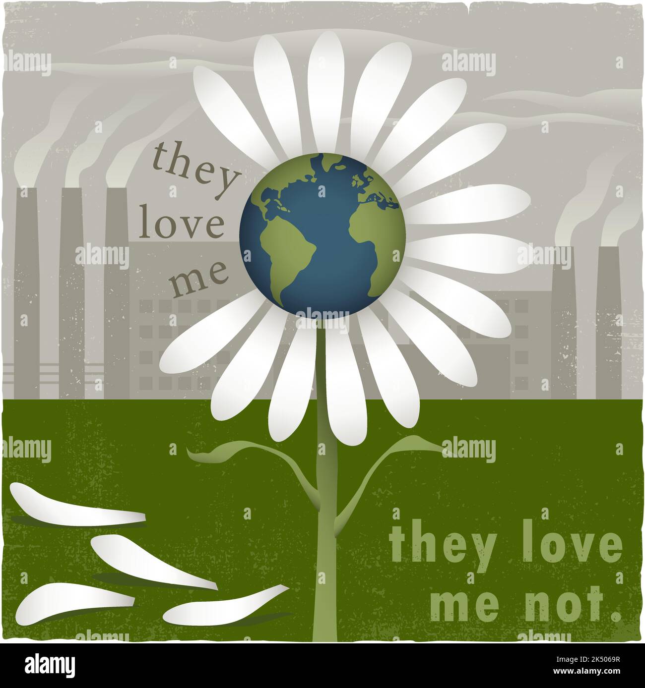 An environmental concept, an earth flower that has petals picked off in ...